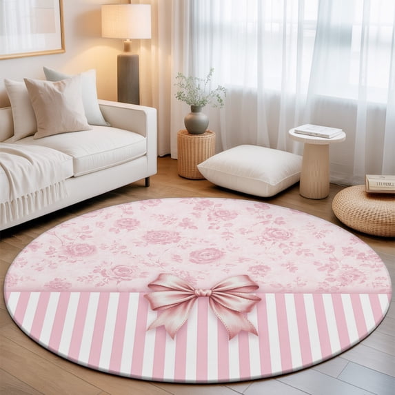 Coastal Pink Bowknot Round Living Room Rugs 4 ft, Rustic Pink Floral ...