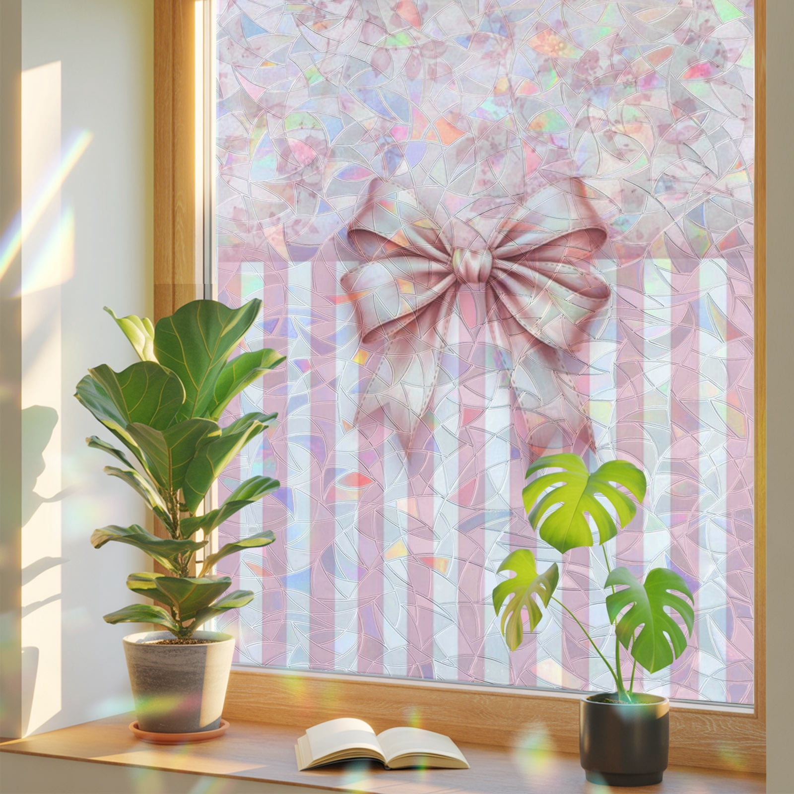 Coastal Pink Bowknot Window Privacy Film, Rustic Pink Floral Stripes ...
