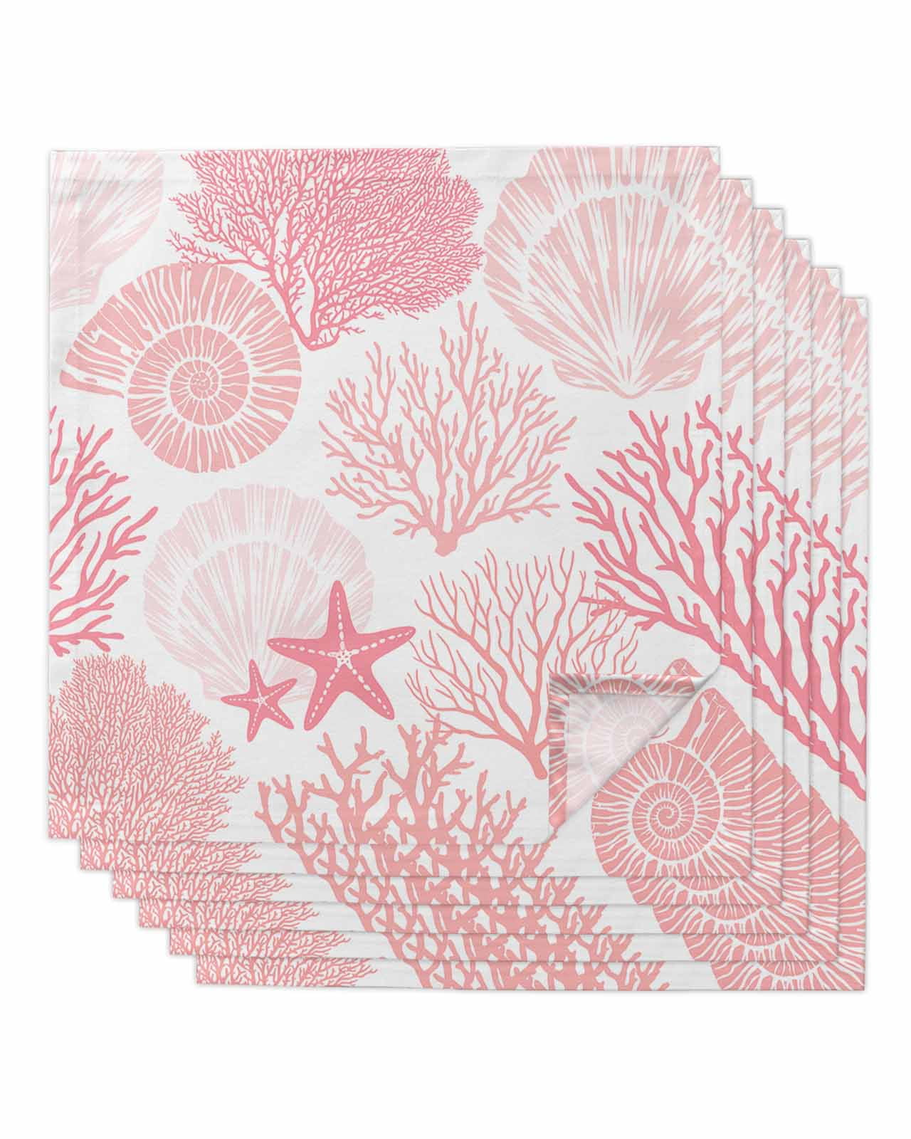 Coastal Pink Cloth Napkins Washable Set of 6, Ocean Coral Starfish ...