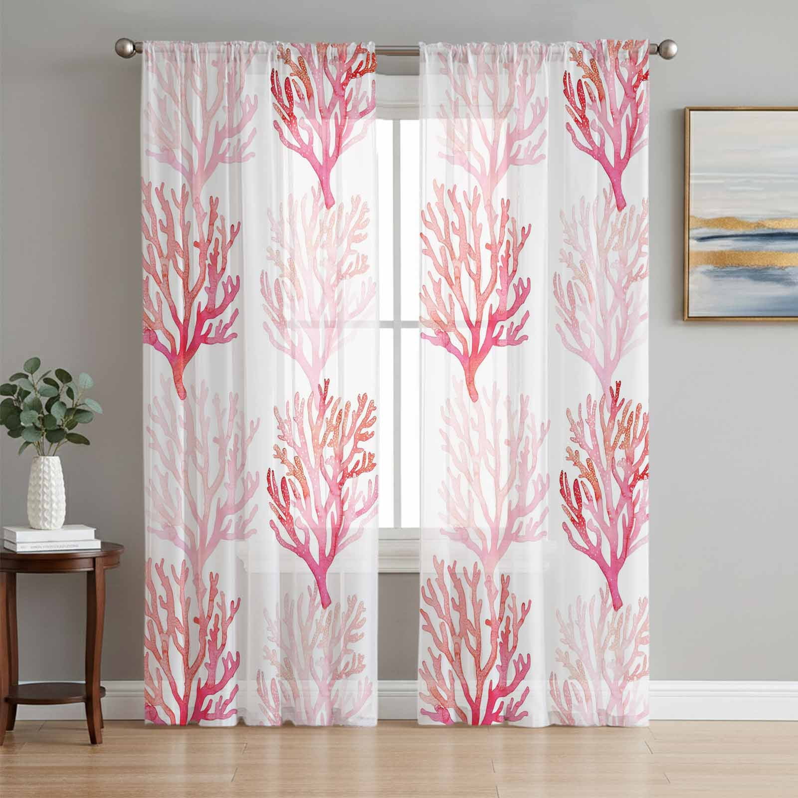 Coastal Pink Coral Sheer Curtains for Living Room Bedroom Nautical ...