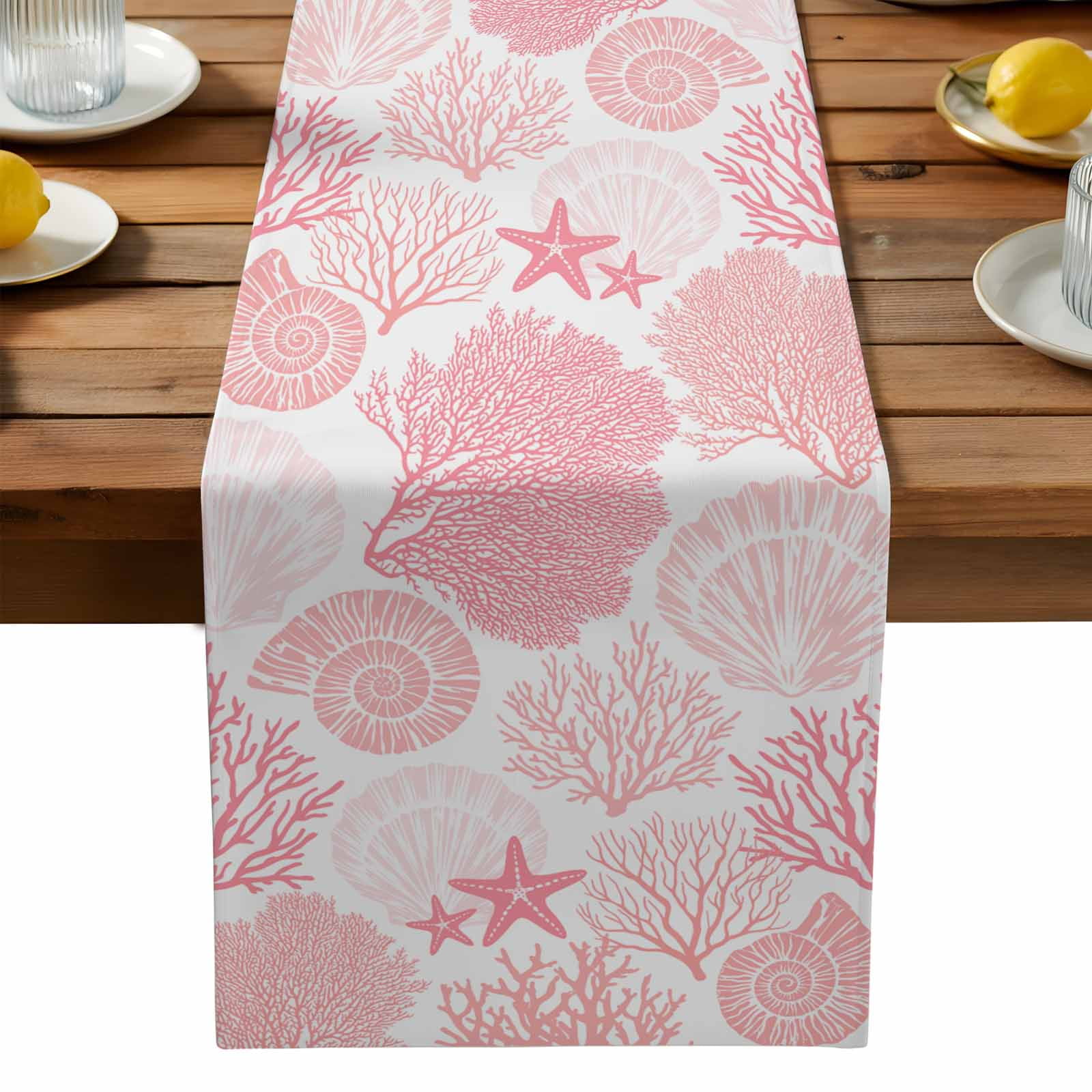 Coastal Pink Cotton Linen Table Runner for Dining Kitchen, Ocean Coral ...