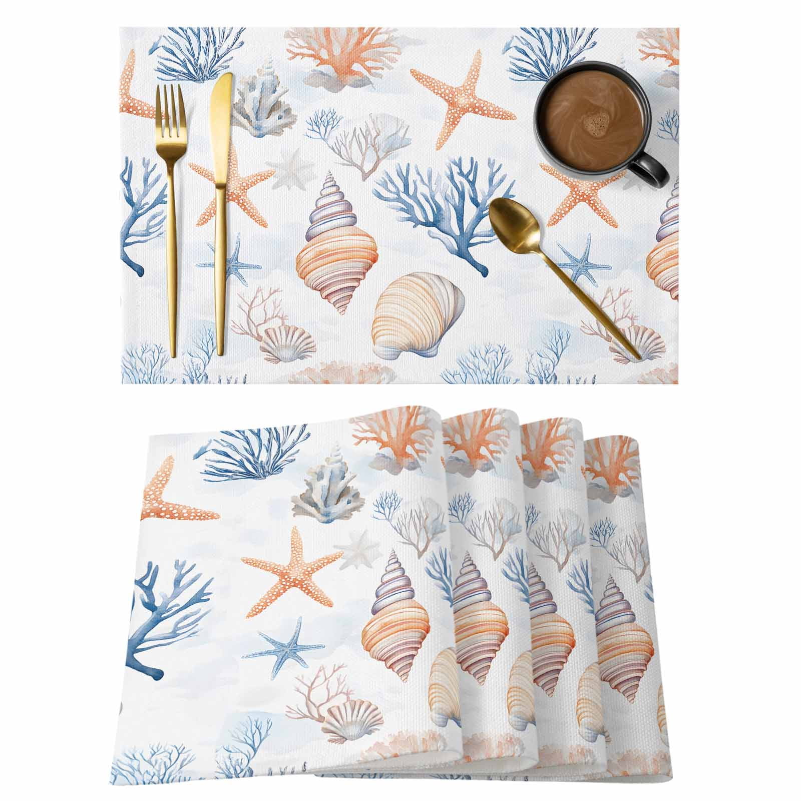 Coastal Placemats Set of 12 Ocean Starfish Coral Shell Conch Aesthetics ...