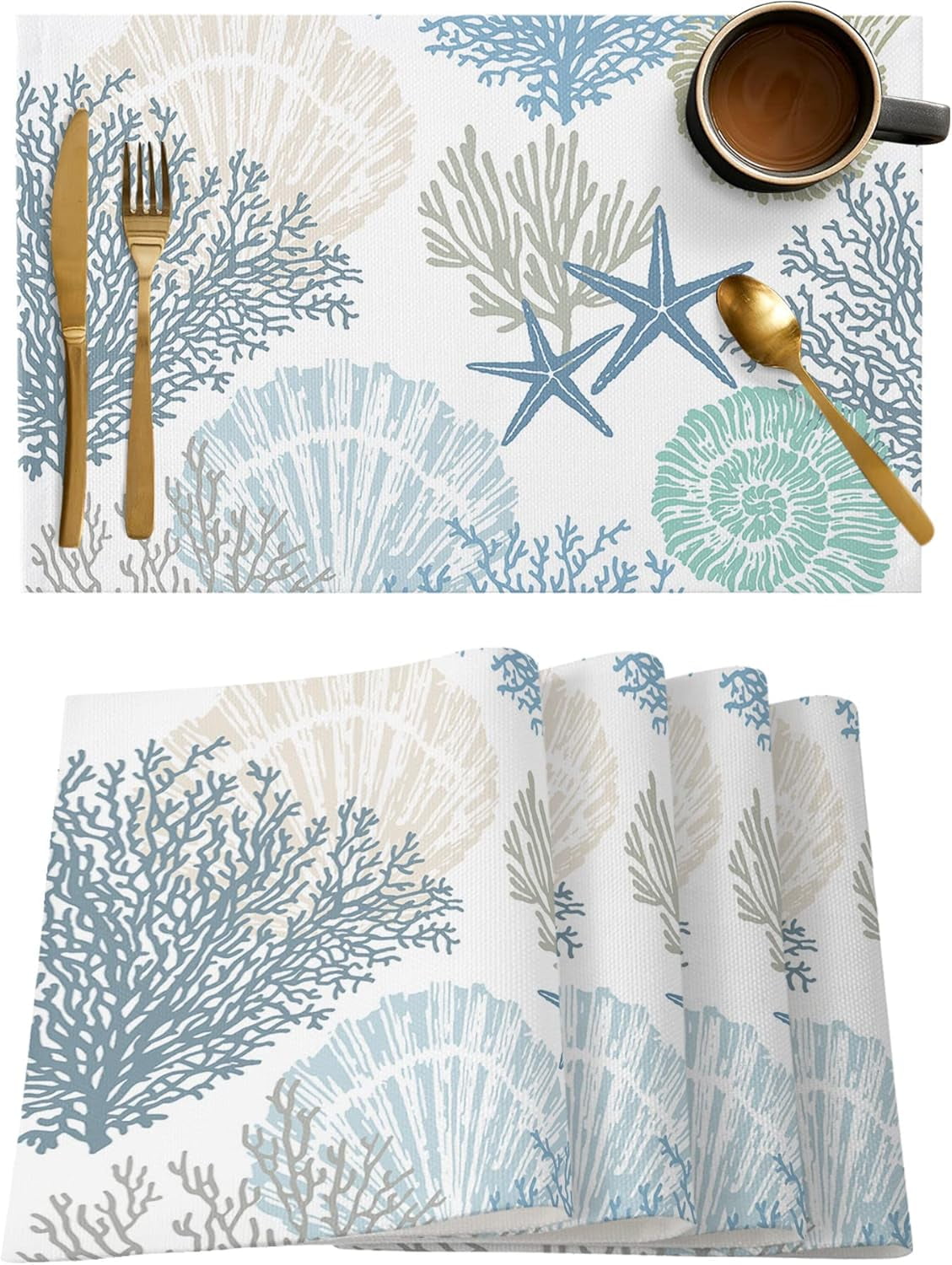 Coastal Placemats Set of 6, Summer Beach Blue Teal Coral Placemats for ...