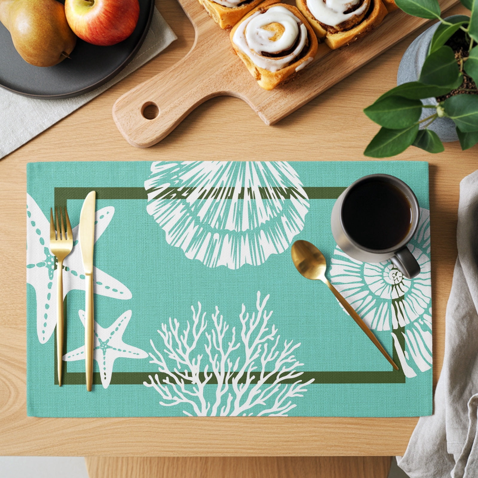 Coastal Placemats Set of 8, Starfish Shell Coral Rustic Turquoise Heat ...