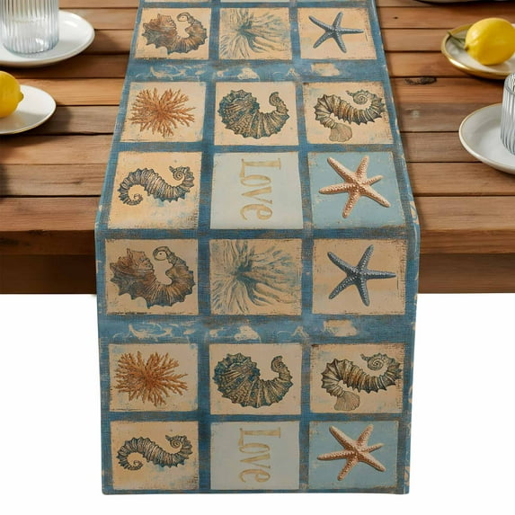 Coastal Plaid Love Table Runner, Ocean Starfish Coral Nautical Starfish ...