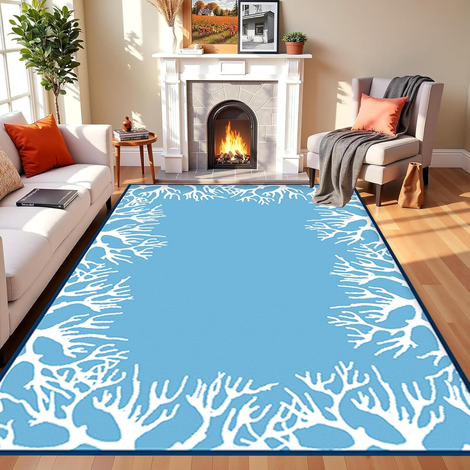 Coastal Print Area Rug, Modern White Nautical Coral With Navy Blue ...