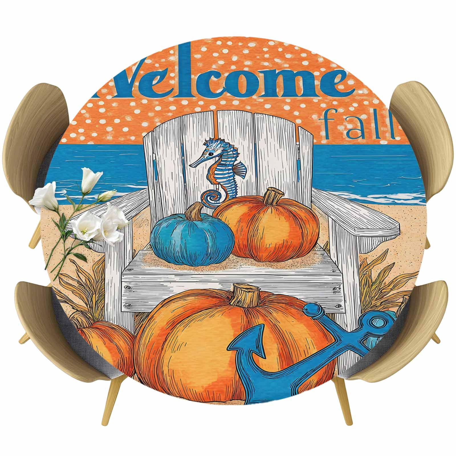 Coastal Pumpkin Round Tablecloth, Fitted Table Cover with Elastic for ...