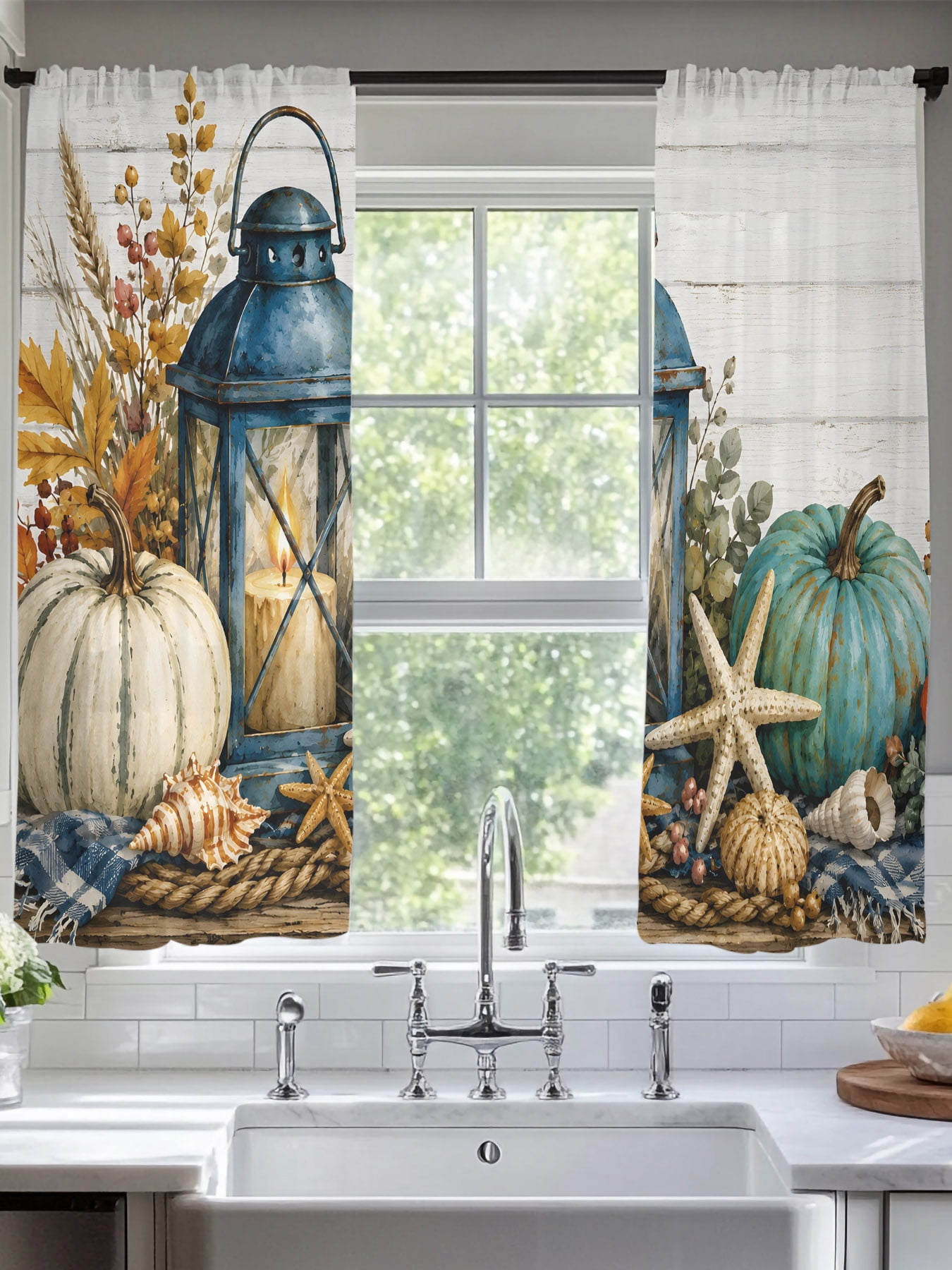 Coastal Pumpkin Sheer Curtains 63 inches Long, Fall Coral Starfish ...