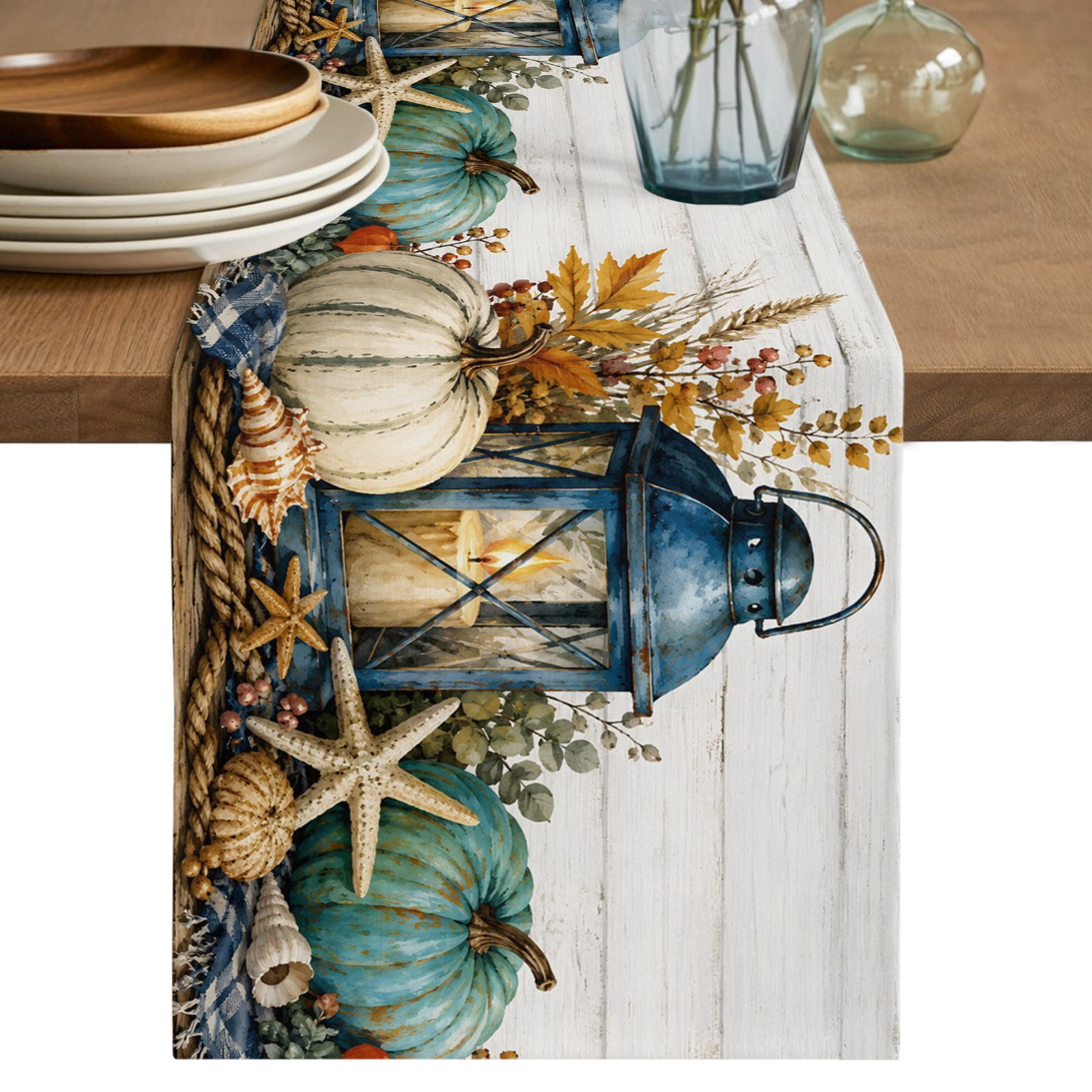 Coastal Pumpkin Table Runner, Fall Coral Starfish Wheat Ears Farmhouse ...