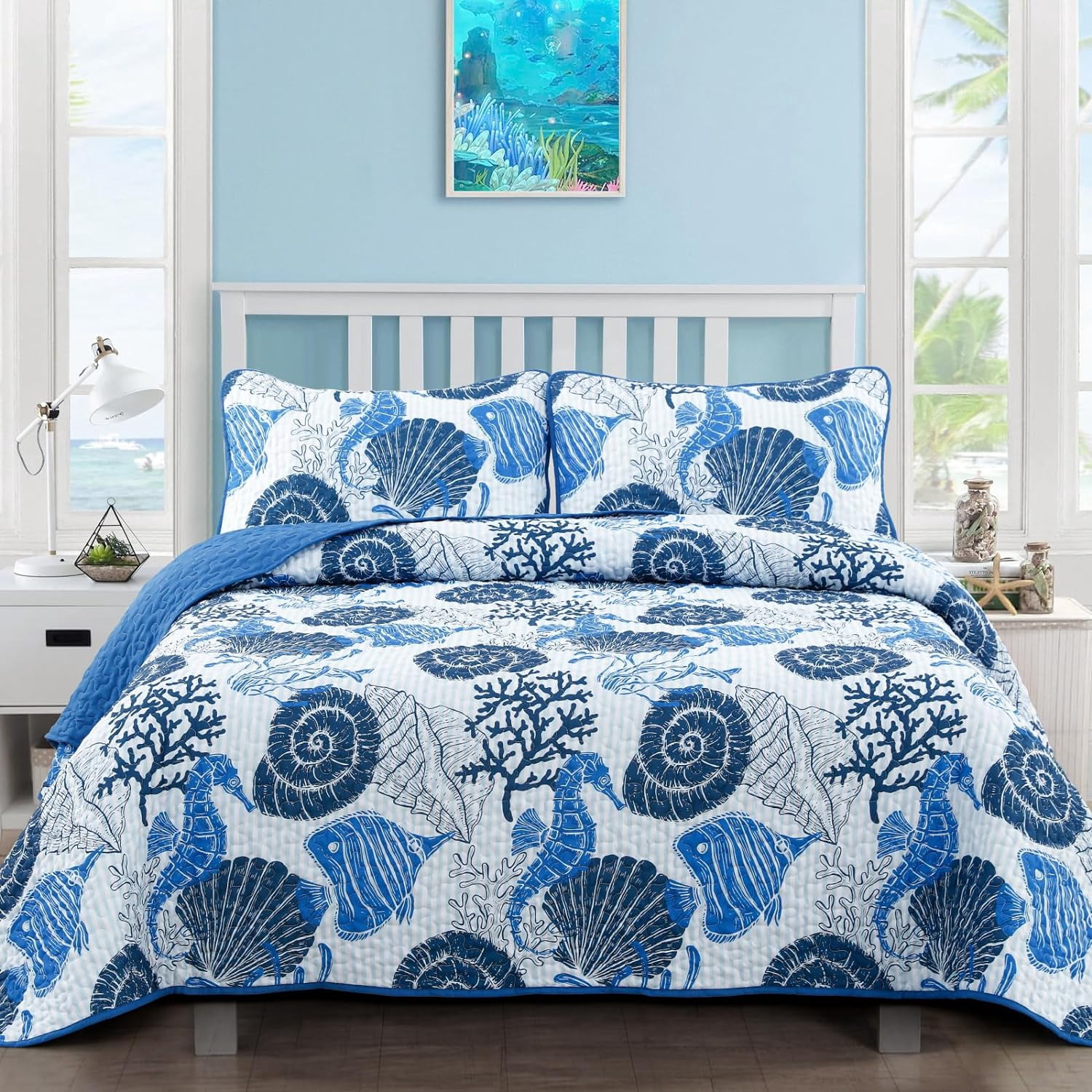 Coastal Quilt Set King Size Summer Beach Themed Quilt Coverlet Set Blue ...