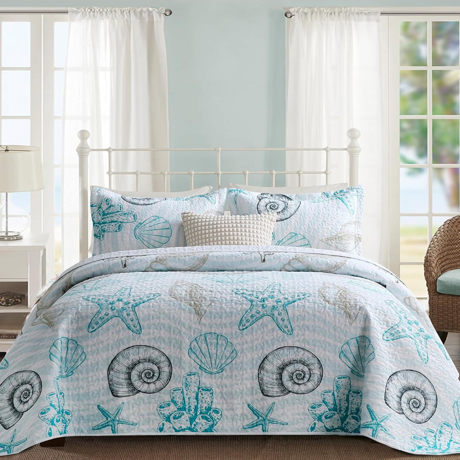 Coastal Quilt Set Lightweight Soft Blue Coastal Bedspread For Beach