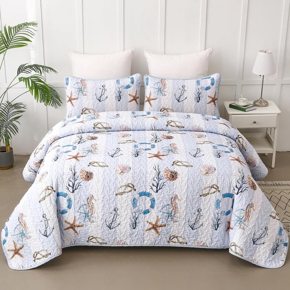 Coastal Quilt Set Size - 3 count Summer Nautical Beach Theme Quilted ...