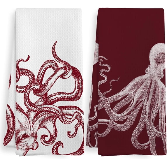 Coastal Red Octopus Beach Decor Dish Hand Tea Towels for Bathroom ...