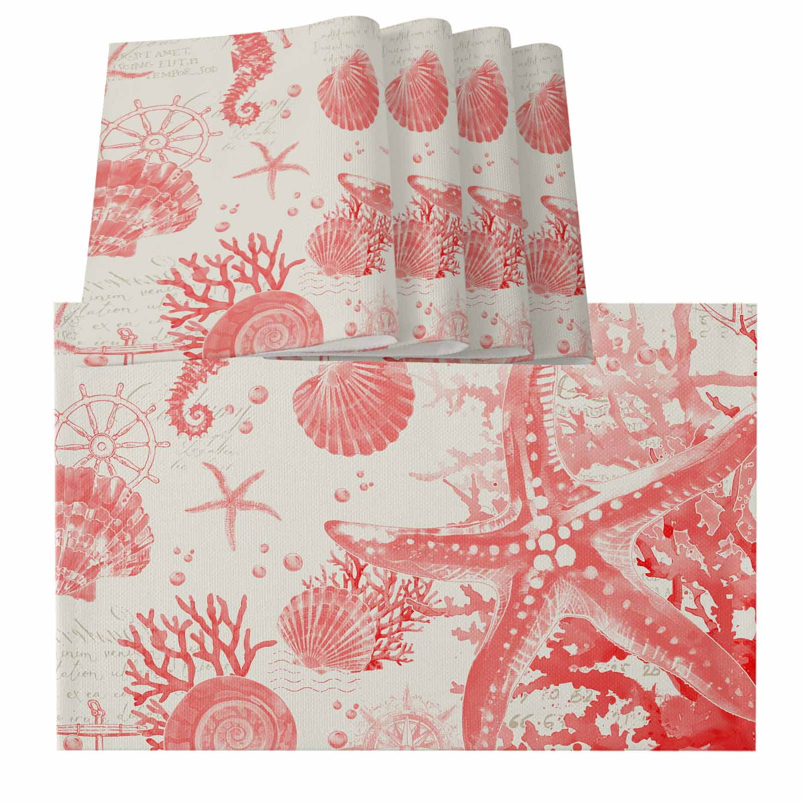 Coastal Red Placemats for Dinning Table Set of 4, Nautical Coral ...