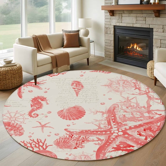 Coastal Red Round Area Rug 6 FT, Non Slip Bedroom Rugs, Nautical Coral ...