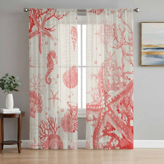 Coastal Red Semi Sheer Curtains 96 Inch Length 2 Panels Set, Nautical ...