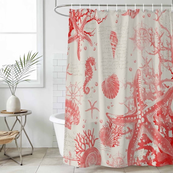 Coastal Red Waterproof Fabric Shower Curtain,Nautical Coral Seahorse ...