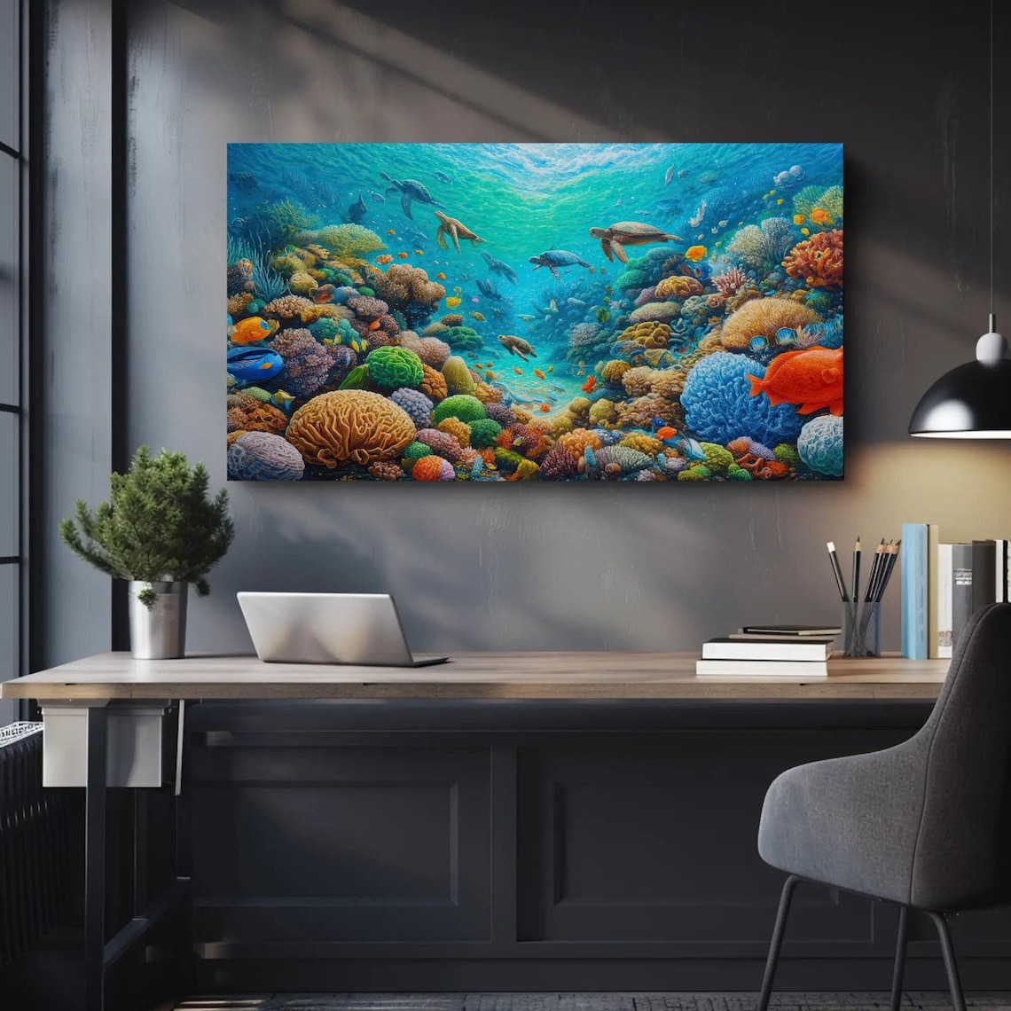 Coastal Reef With Marine Life Canvas Painting, Blue Ocean Framed Print ...