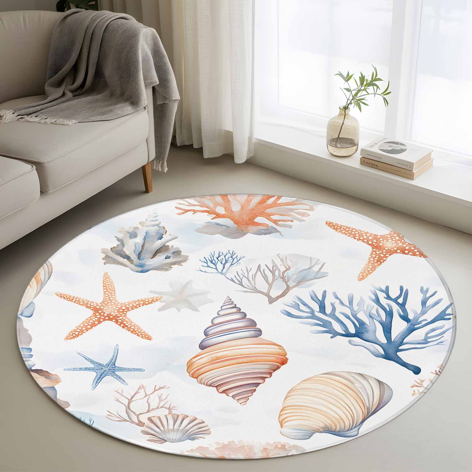 Coastal Round Area Rug 4 FT, Non Slip Indoor Outdoor Rug, Ocean ...