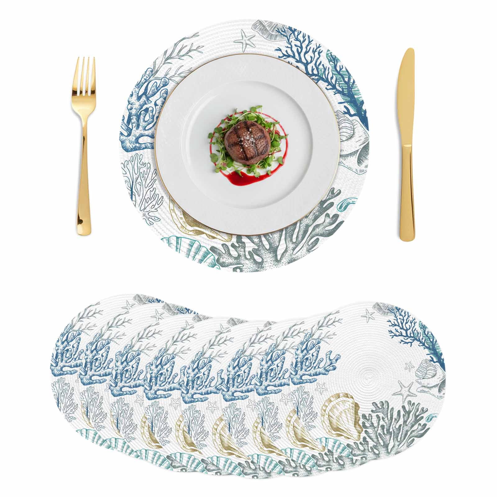 Coastal Round Placemats Set of 8 Ocean Coral Shell Turquoise Blue Conch ...