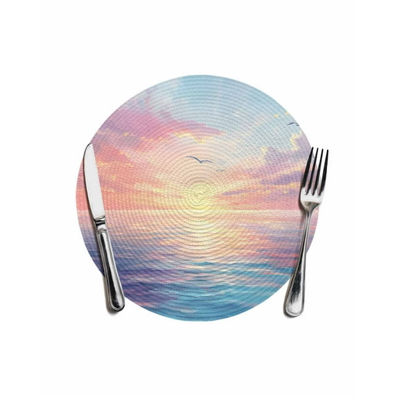 Coastal Round Table Placemats 1 pc, Ocean Sunset Seagull Washable Woven ...