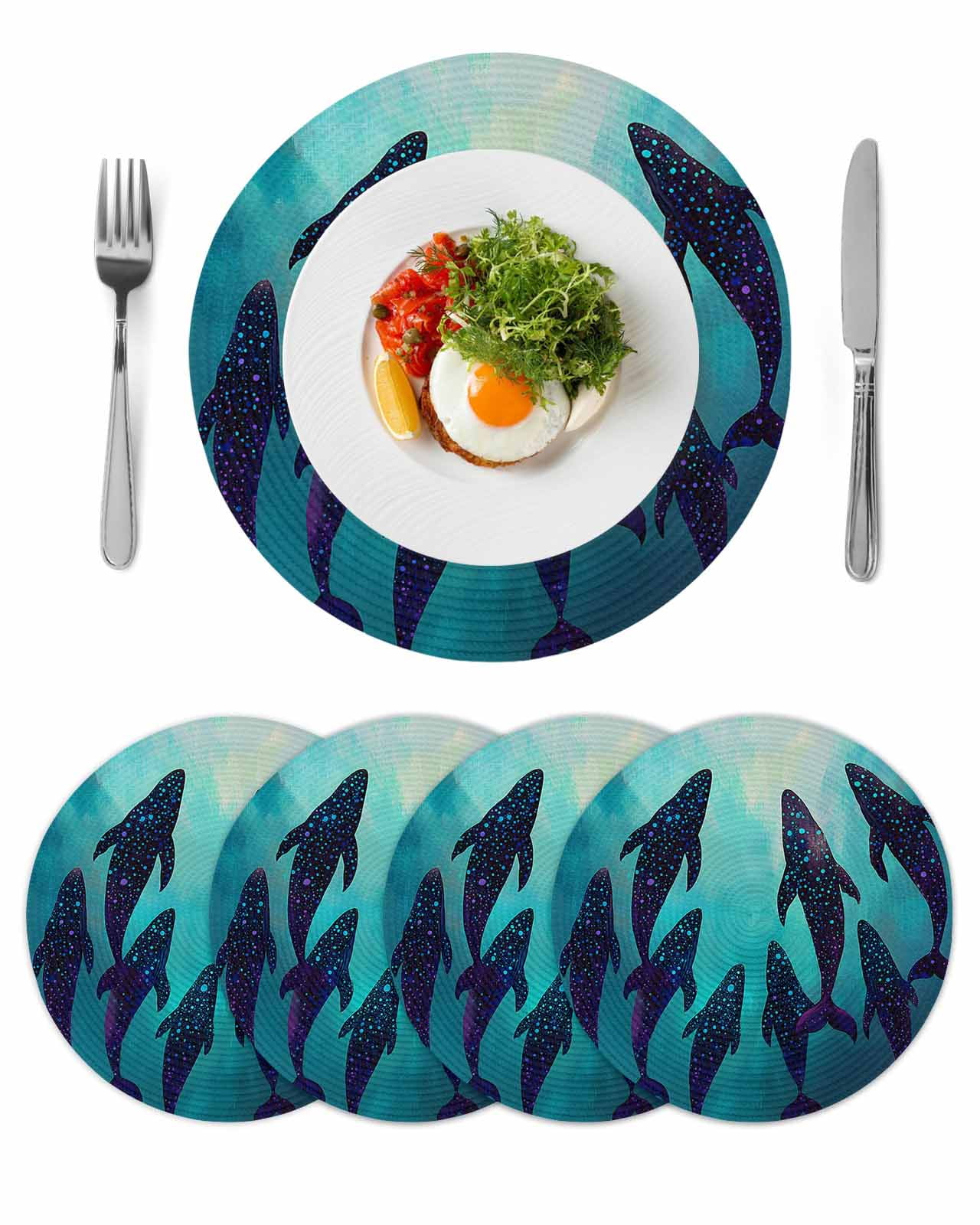 Coastal Round Table Placemats set of 4, Vintage Ocean Whale Polka Dots ...