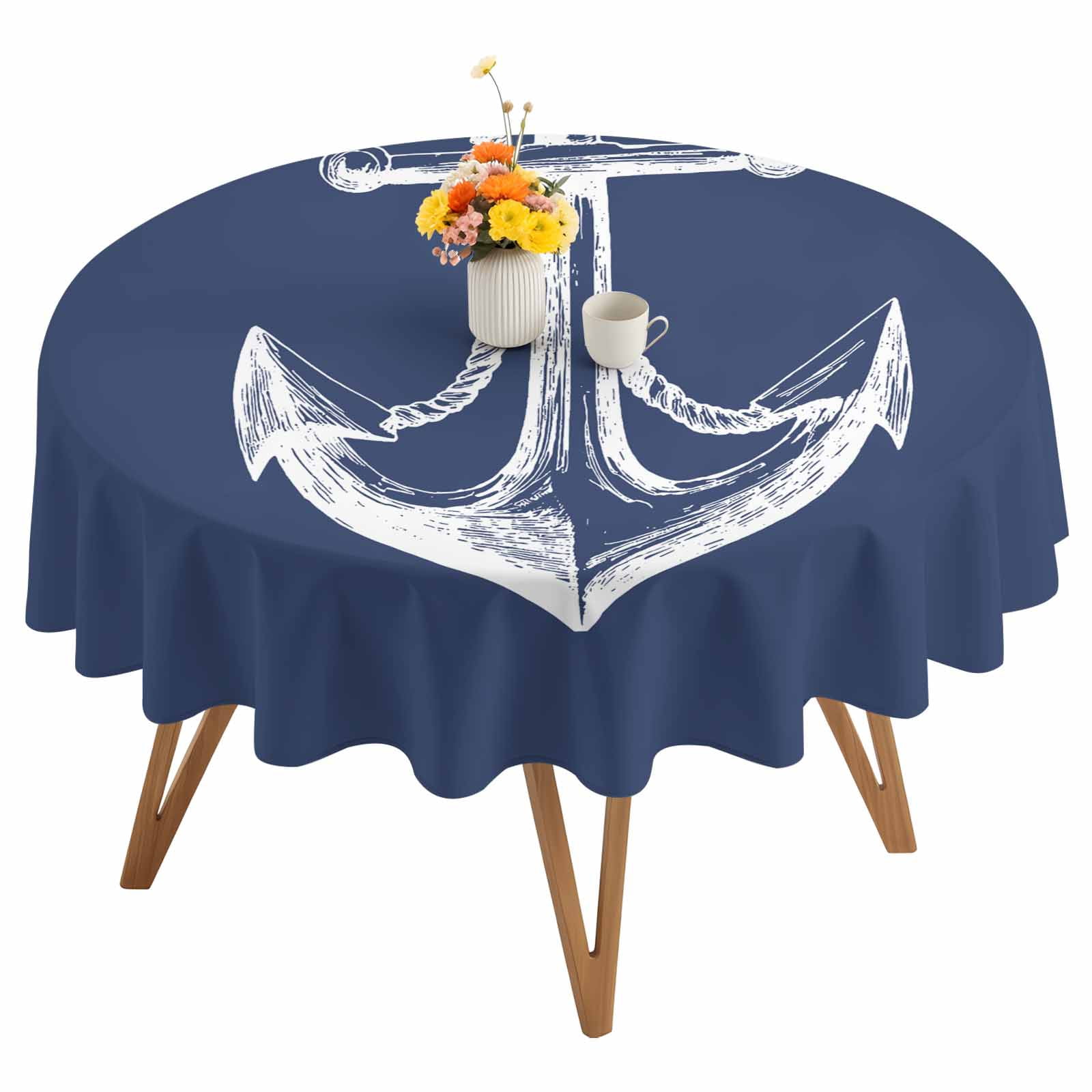 Coastal Round Tablecloth 54 inches Illustration Anchor Rope Navy Blue ...