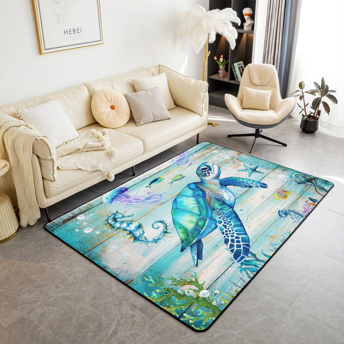 Coastal Rug 3x5,Summer Sea Turtle Jellyfish Area Rug ,Tropical Starfish ...