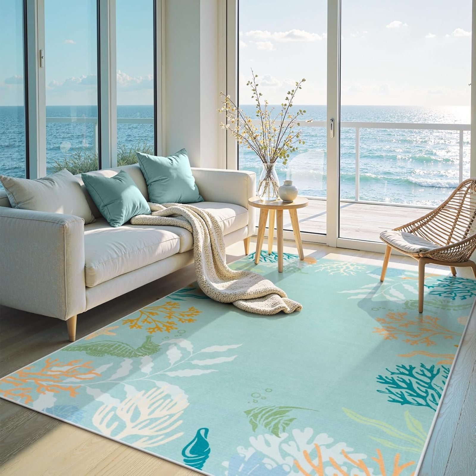 Coastal Rugs For Living Room, Aqua Green Ocean Rugs For Bedroom ...