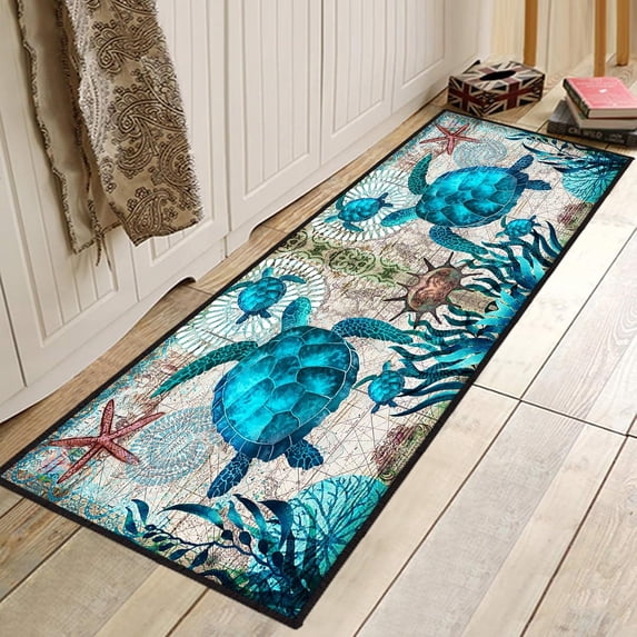 Coastal Runner Sea Turtle Hallway Rug 2x6 - Blue Turtles Beach Ocean ...