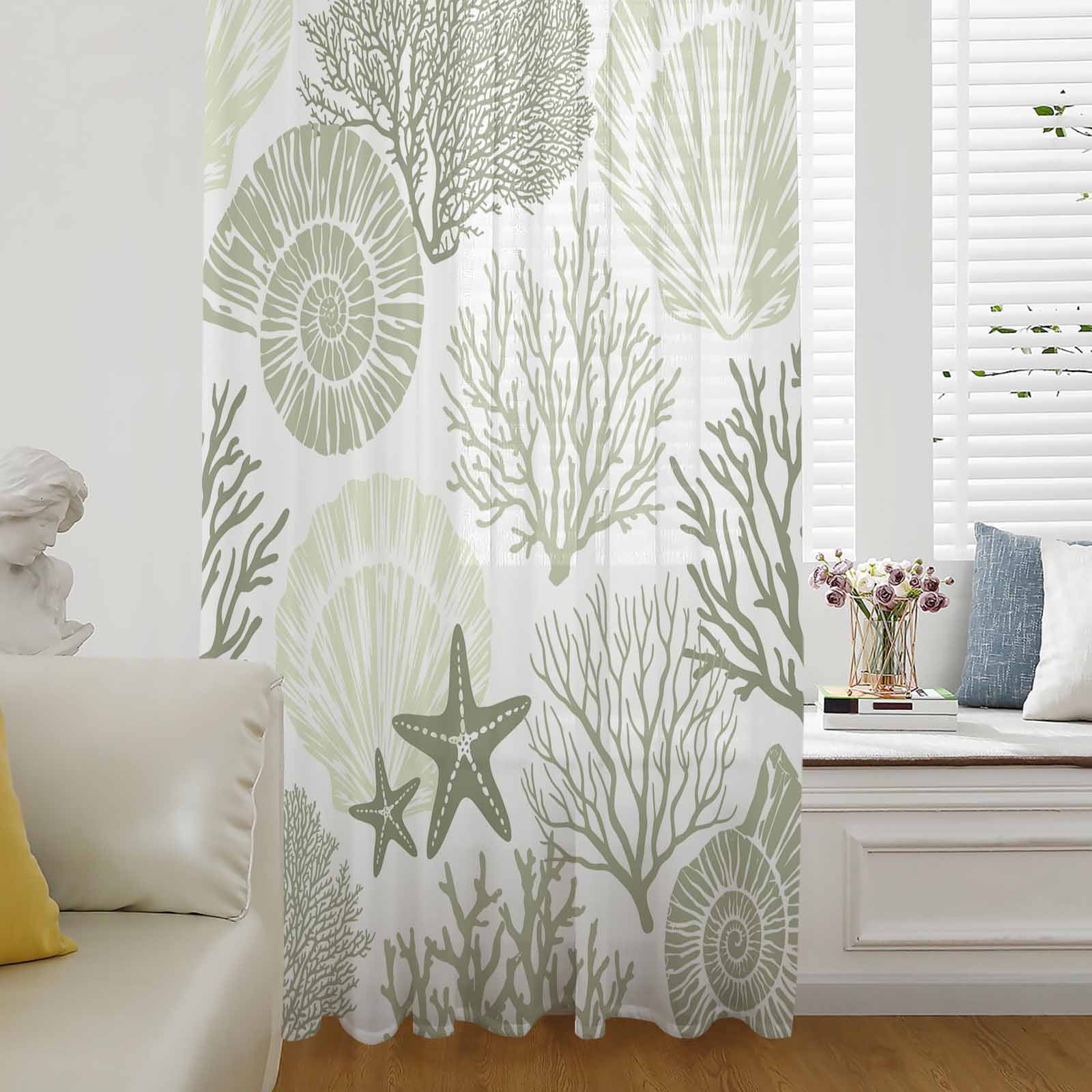 Coastal Sage Green Window Curtain 63 Inches Long,Ocean Coral Starfish ...