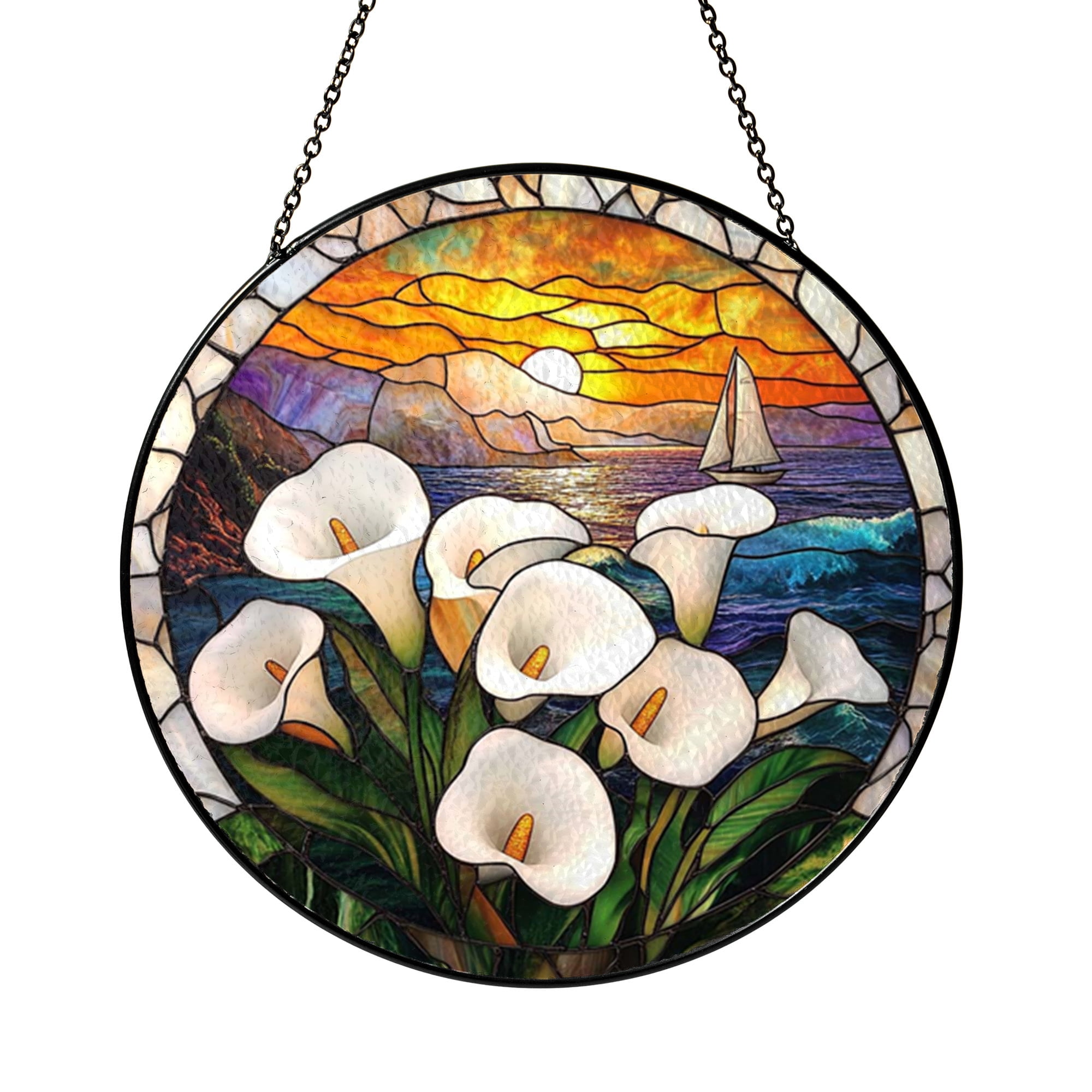 Coastal Sailboat Scene Round Suncatcher – Stained Glass Style Window ...