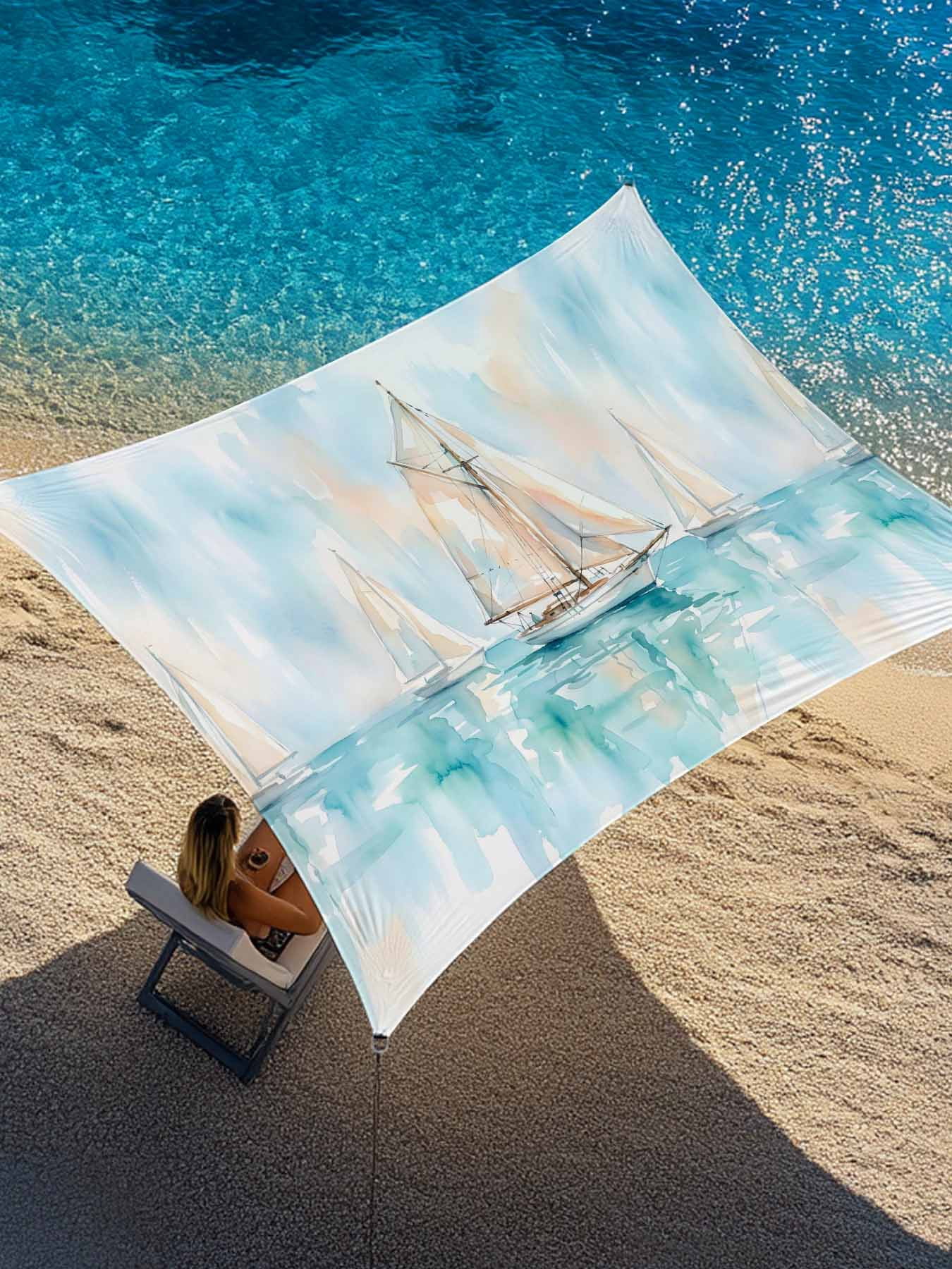 Coastal Sailboat Sun Shade Sail 8' x 10', Turquoise Ocean Waves ...