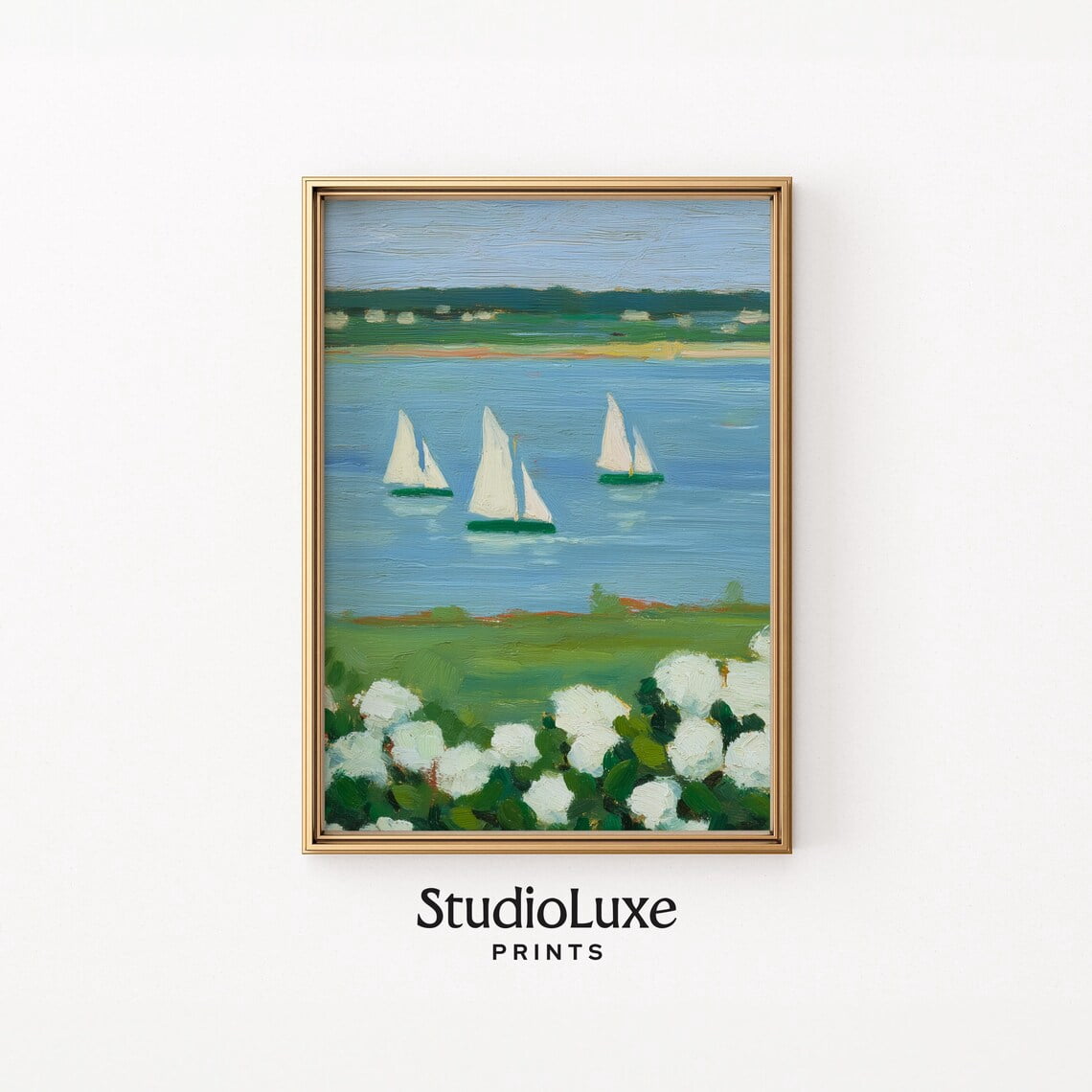 Coastal Sailboats Vintage Nautical Landscape Green And Blue Ocean Scene ...