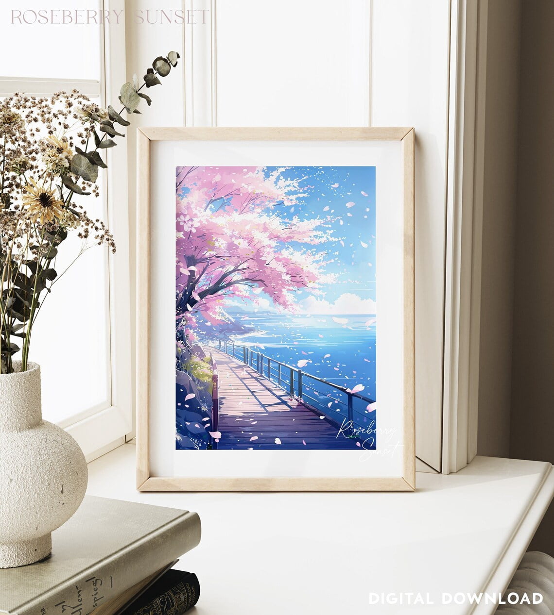 Coastal Sakura Tree Anime Style Spring Seascape Art Print, Sakura ...