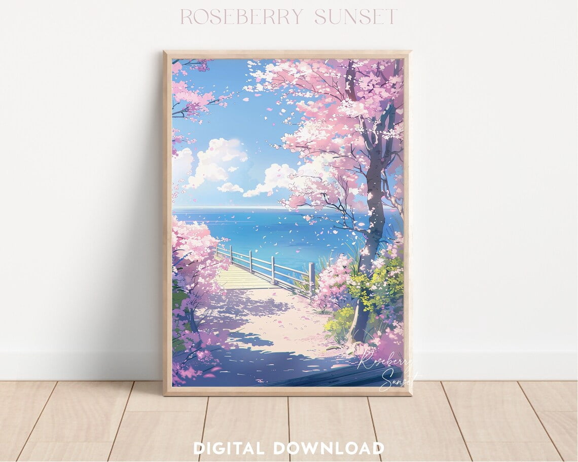 Coastal Sakura Tree Anime Style Spring Seascape Art Print, Sakura ...