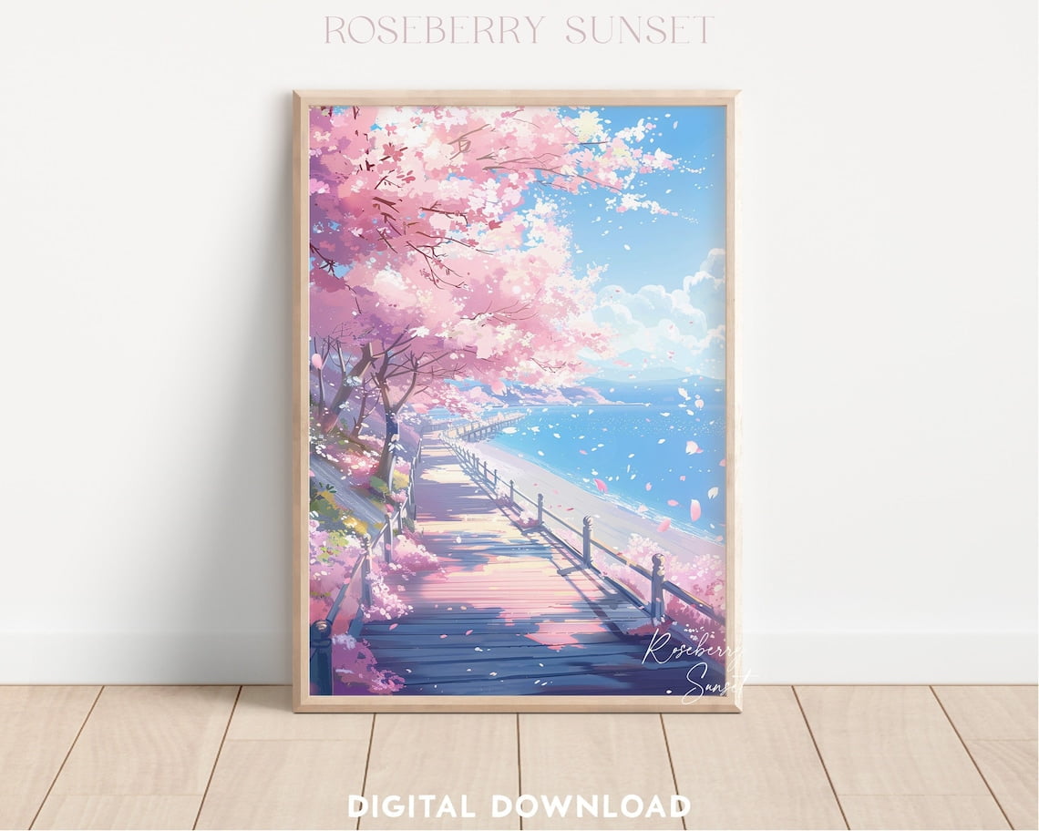 Coastal Sakura Tree Anime Style Spring Seascape Art Print, Sakura ...