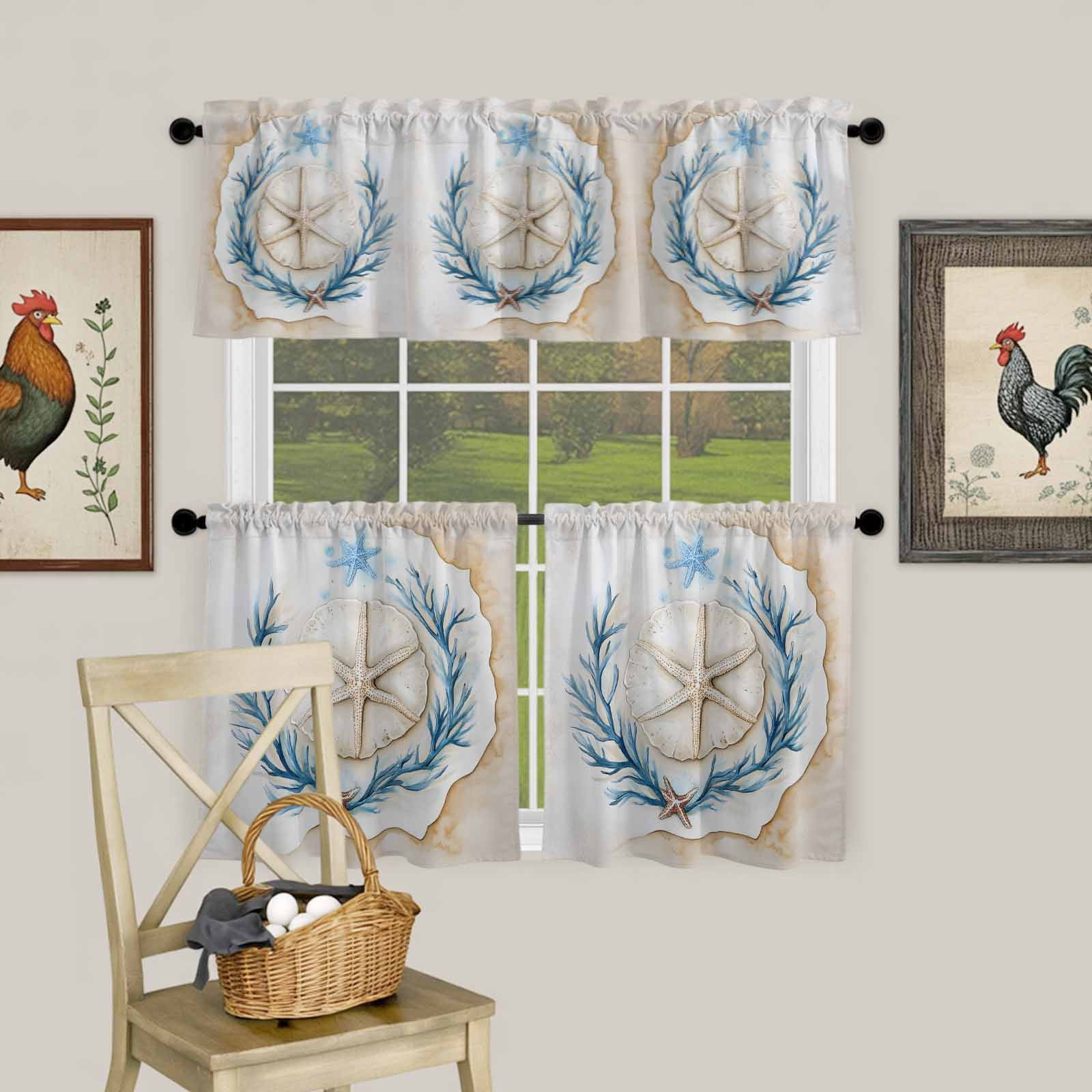 Coastal Sand Blue Coral Starfish Curtain Tier and Valance Set 3 Piece ...