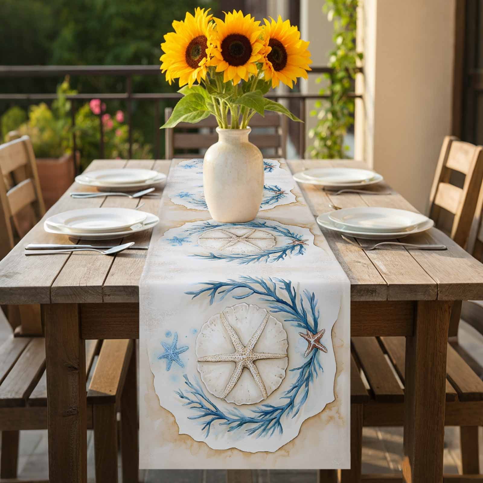 Coastal Sand Blue Coral Starfish Table Runner 90 Inch Long Ocean Animal ...
