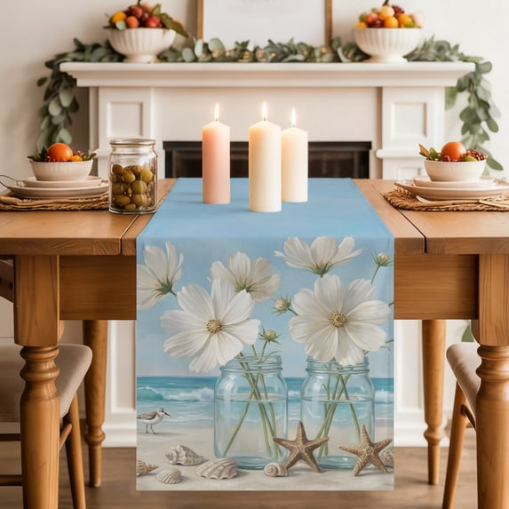 Coastal Scenery Dining Table Runner, Summer Flowers Jars Starfish Beach ...