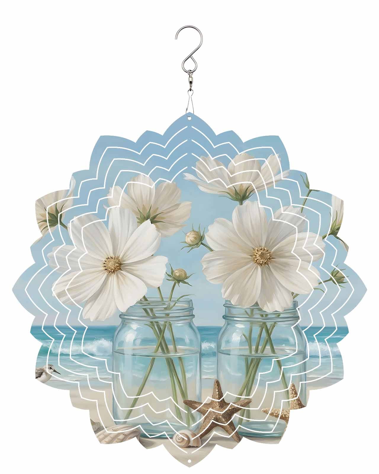 Coastal Scenery Wind Spinner for Garden Yard 8In, Summer Flowers Jars ...