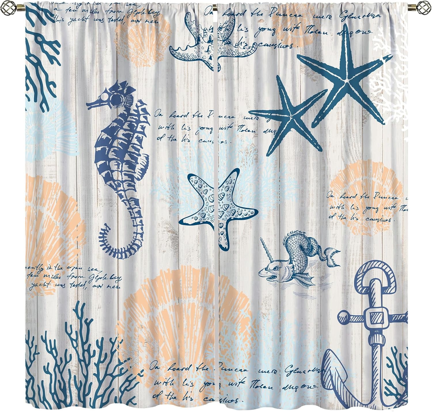 Coastal Sea Animals Curtains for Living Room Vintage Farmhouse Wooden ...