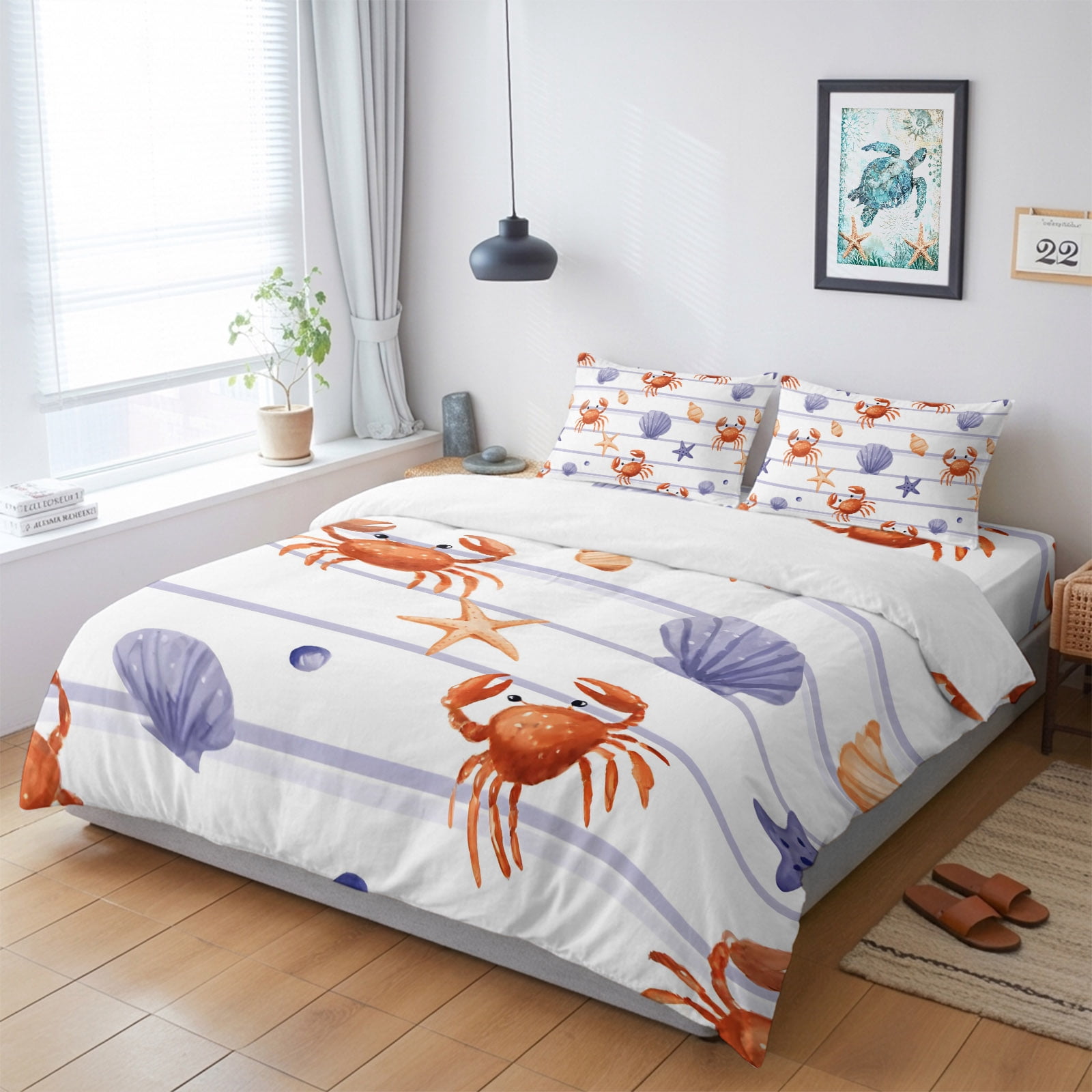 Coastal Sea Crab Shell Starfish Conch King Size Bed Set,Ocean Life ...