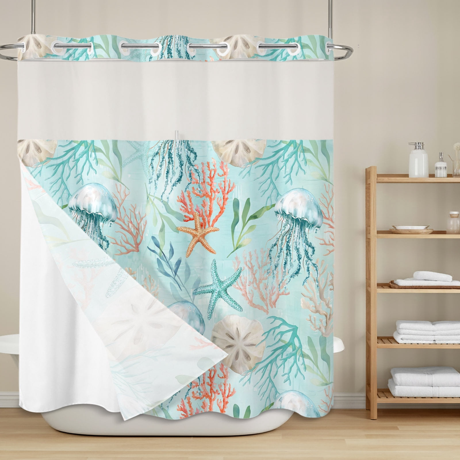 Coastal Sea Jellyfish Coral Starfish No Hook Shower Curtain with Snap ...