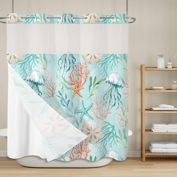 Coastal Sea Jellyfish Coral Starfish No Hook Shower Curtain with Snap ...