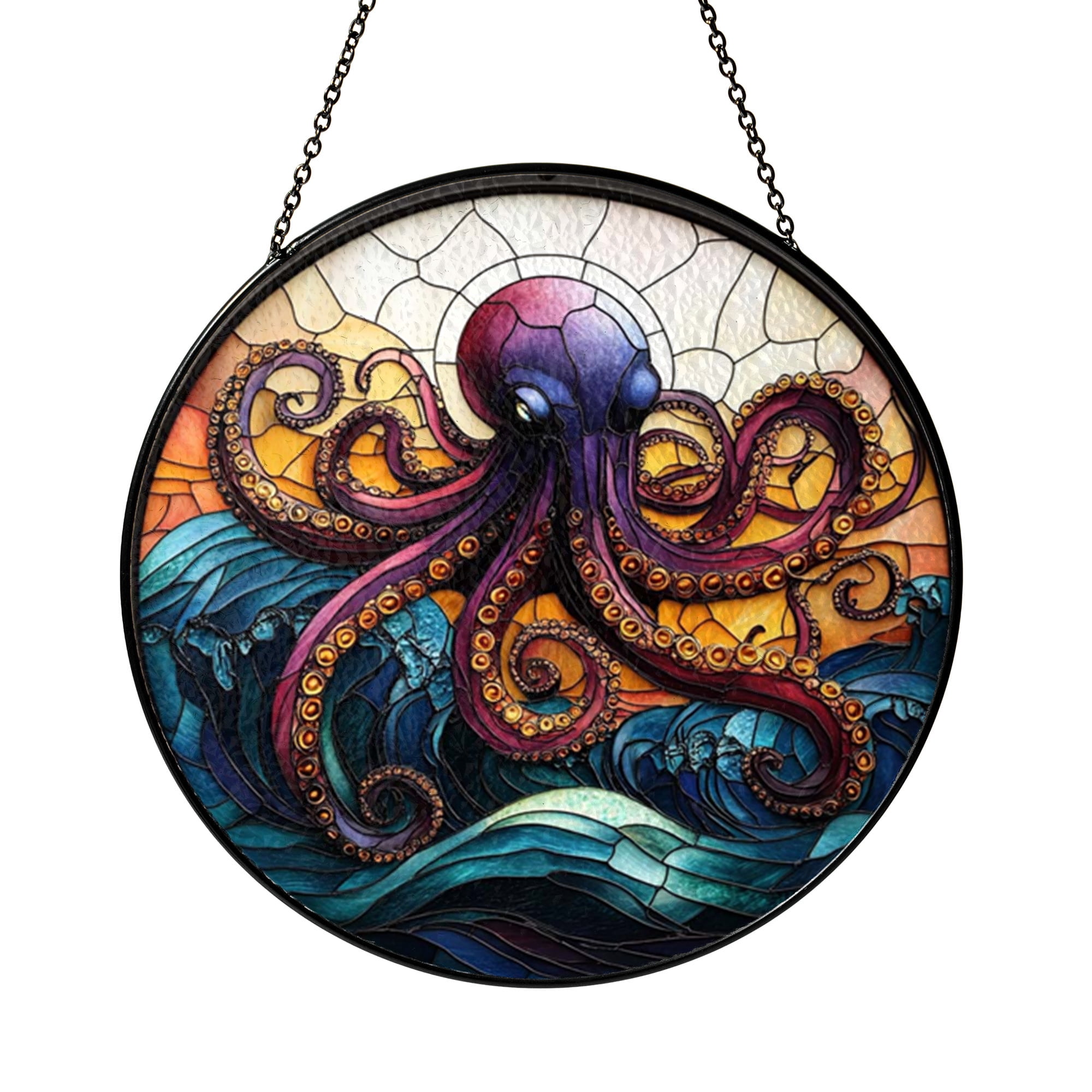 Coastal Sea Life Octopus Stained Glass Window Hanging, Decorative Glass ...