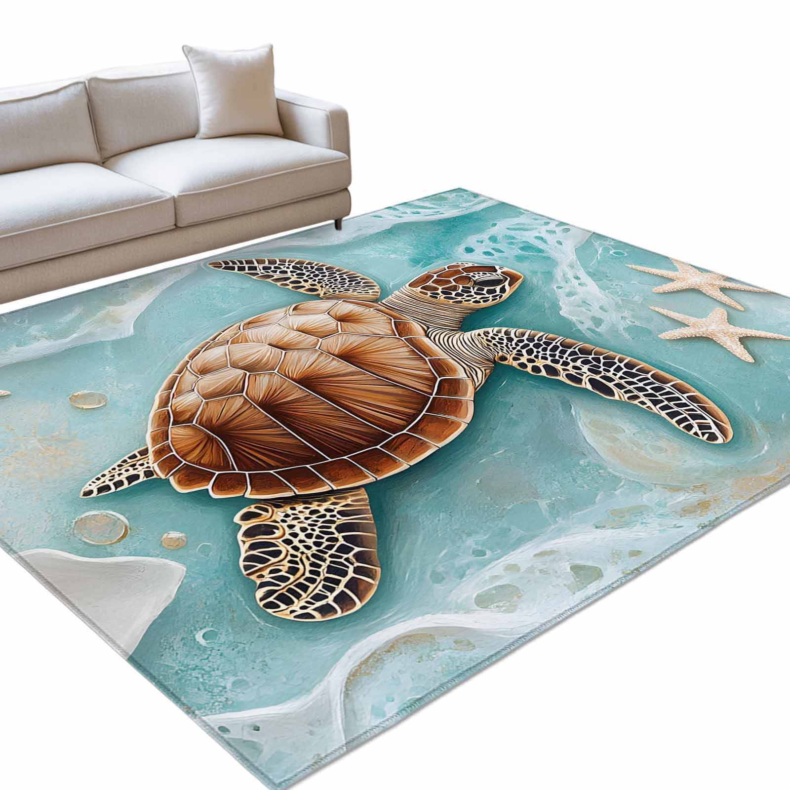 Coastal Sea Turtle Area Rugs 3x5ft Beach Ocean White Floral Starfish ...