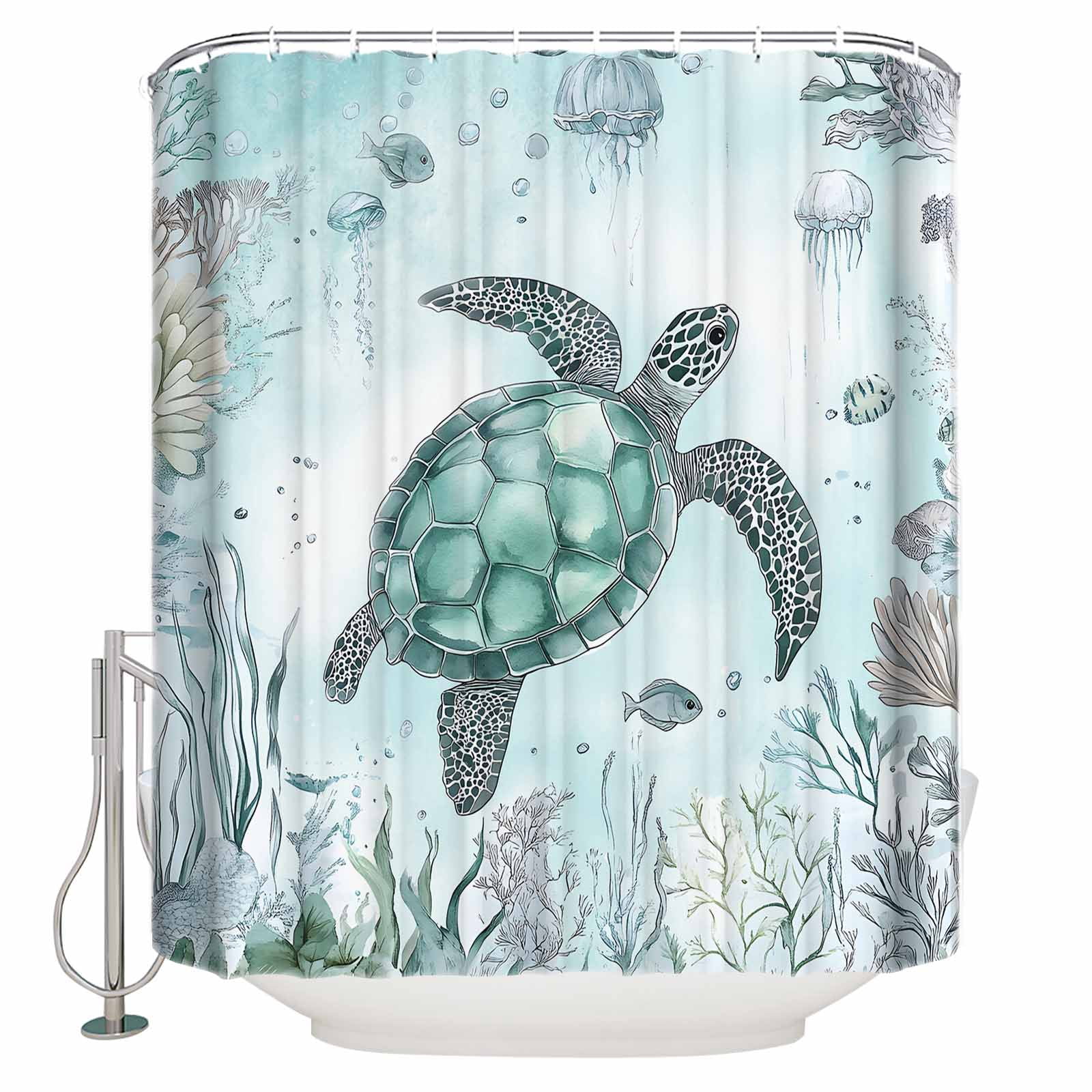 Coastal Sea Turtle Bathroom Shower Curtains with 12 Hooks Polyester ...