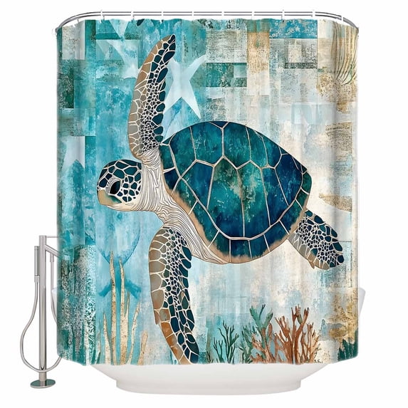 Coastal Sea Turtle Bathroom Shower Curtains with 12 Hooks Polyester ...