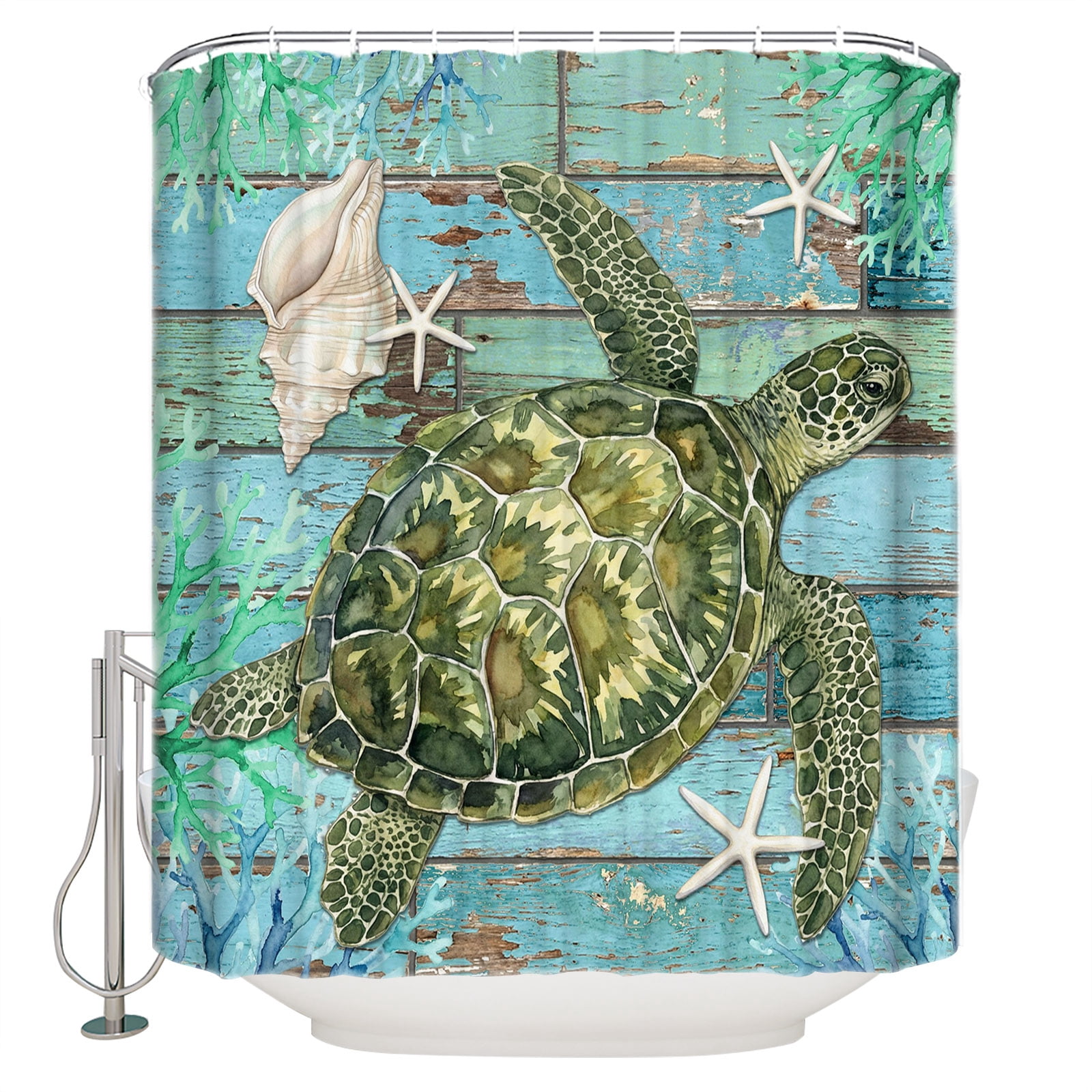 Coastal Sea Turtle Bathroom Shower Curtains with 12 Hooks Waterproof ...